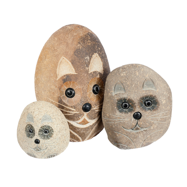 Family of Boulder Stone Cats 3 Pcs 4" 6" 8" | Backyard - Garden Your Way